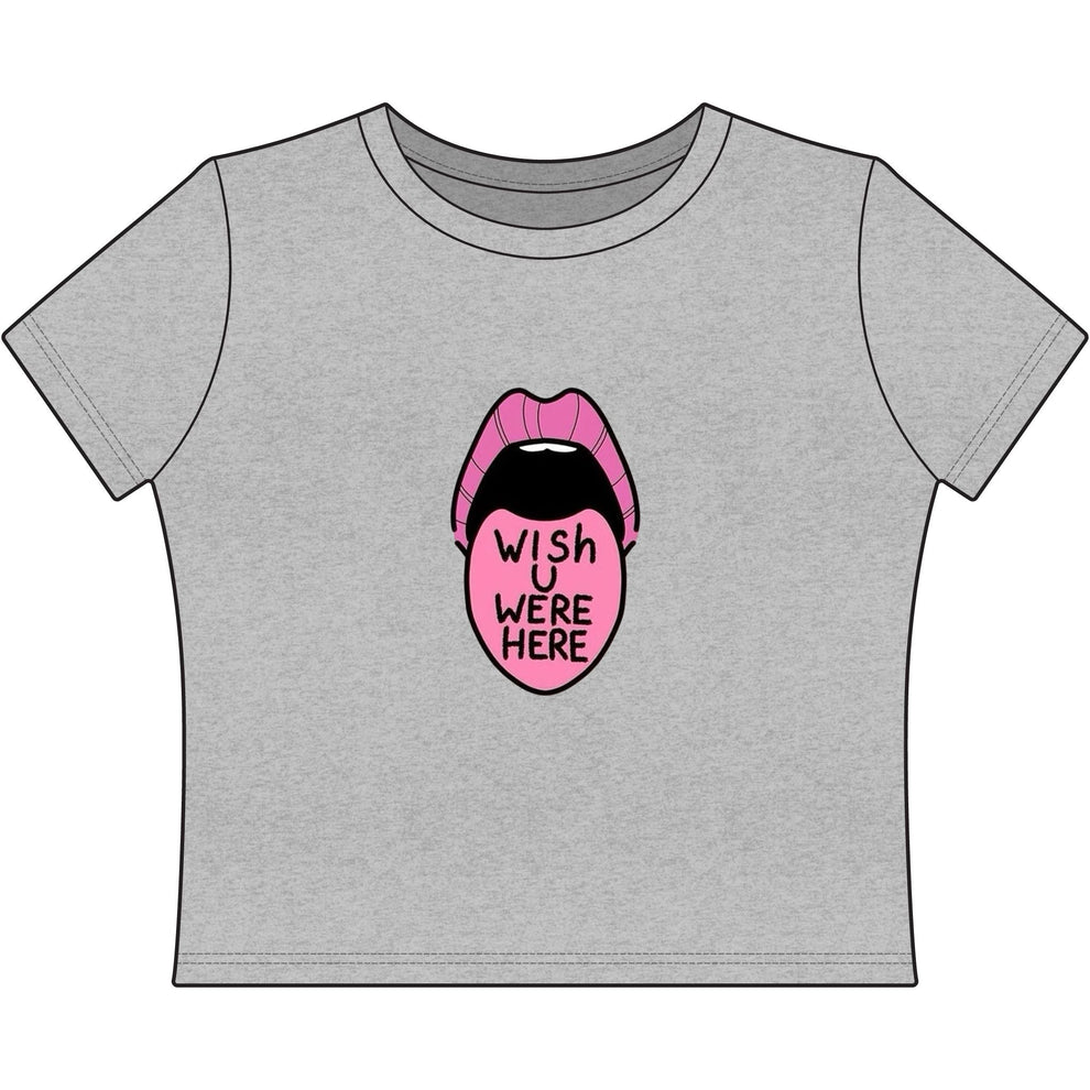 Women's Baby Tee — Pink Lips "Wish I Were Here" Graphic Crop Top – inkprint